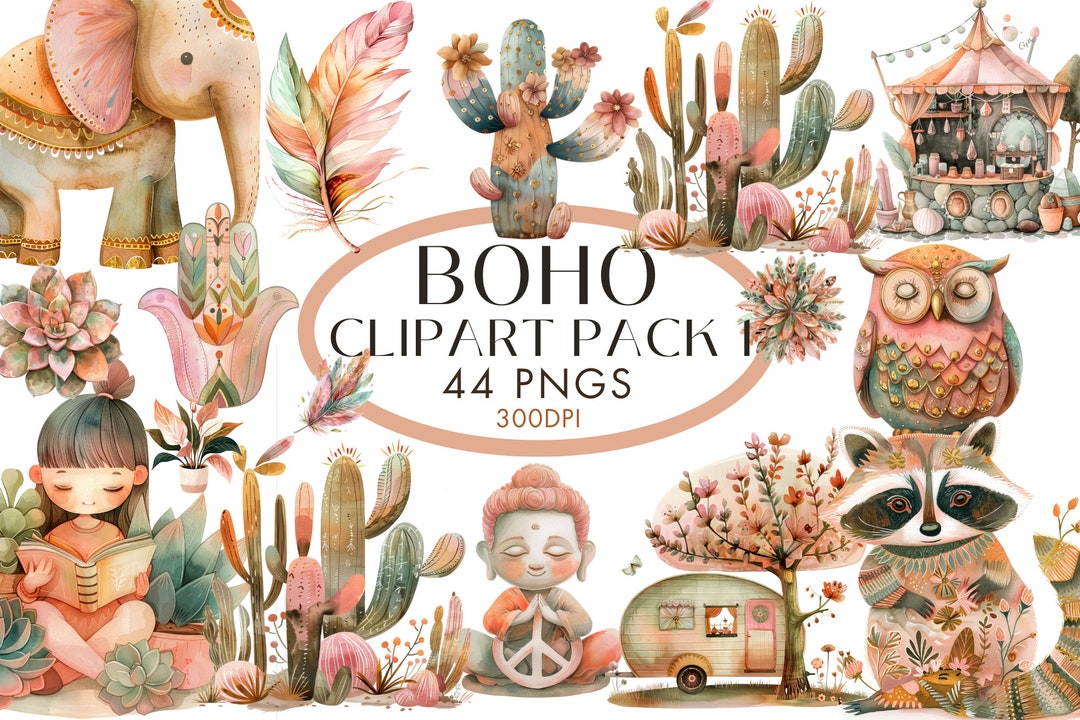 Watercolor Boho Clipart Bundle, Hippie Nursery Clipart, Cactus Feathers ...