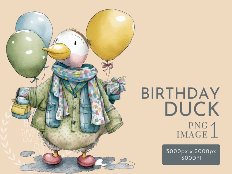 Birthday Duck Watercolor Clipart Png Card Making Clipart Etsy