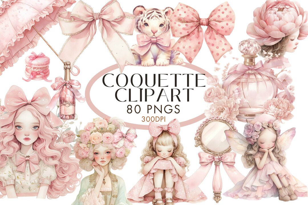 Coquette Watercolor Clipart PNG Bundle , Big Bundle Vintage Pink Girly ...