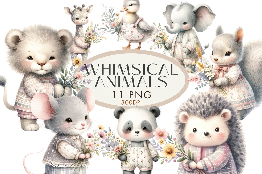 Whimsical Animals Watercolor Clipart: Baby Shower PNG (commercial Use ...