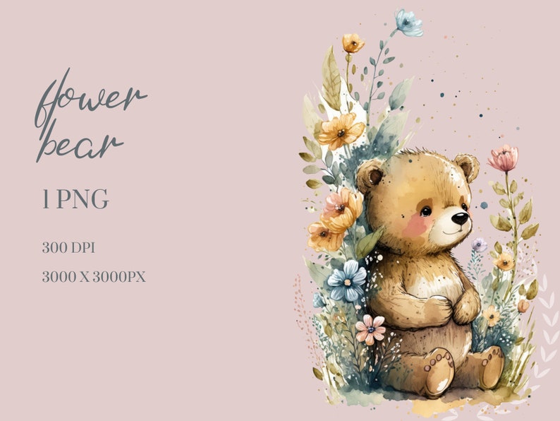 Bear in Flowers Watercolor Clipart PNG Summer Animals - Etsy