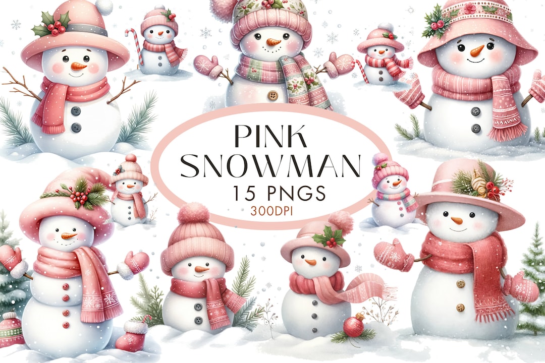 Pink Snowman Clipart, Cute Winter PNG Set, Christmas Clipart, Pastel ...