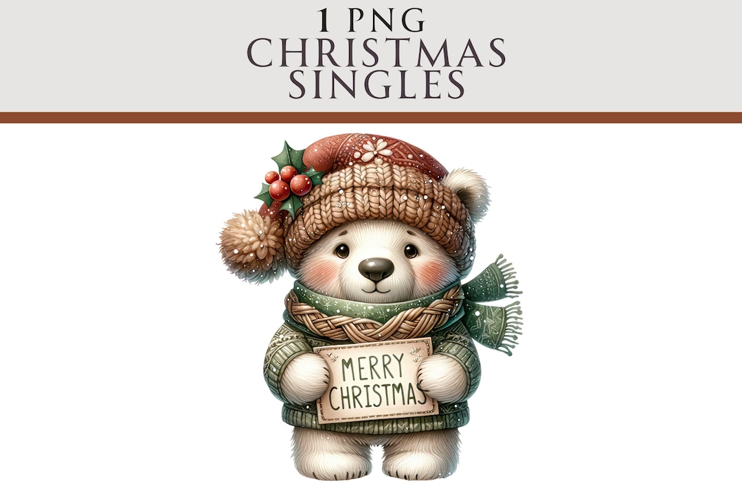 Christmas Polar Bear Clipart, Festive Bear Clipart, Xmas Illustration ...