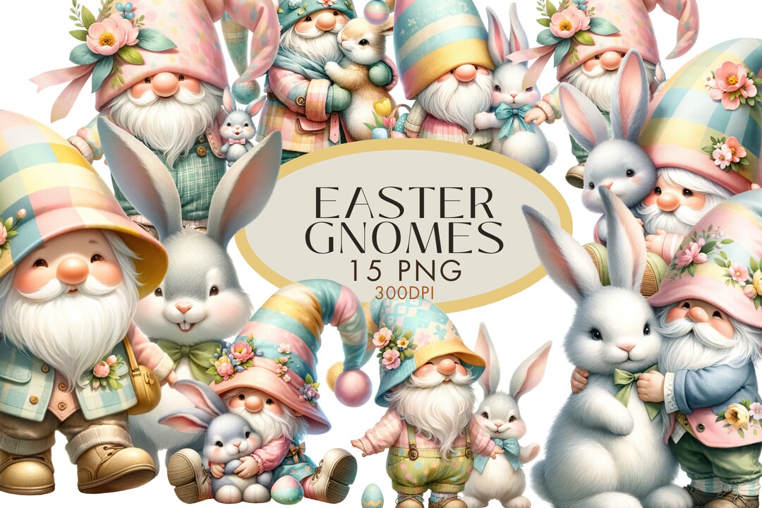 Watercolor Easter Bunny and Gnome Clipart Bundle, Easter Gnome Spring ...