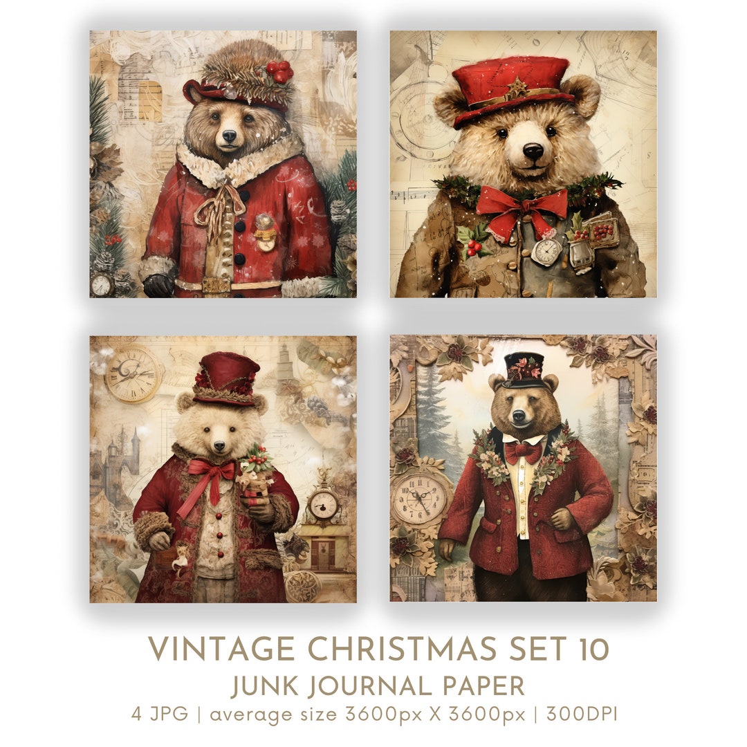 Vintage Bear Digital Paper Set 4 JPG Christmas Festive Junk Journal ...