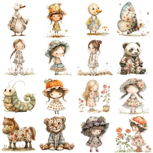 Whimsical Girls Watercolour Clipart PNG Bundle Whimsical Duck Bear Pony ...