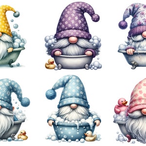 Bath Tub Gnomes Clipart PNG Bundle, Bathing Bubble Bath Pamper Gnome Watercolor Clipart for ...
