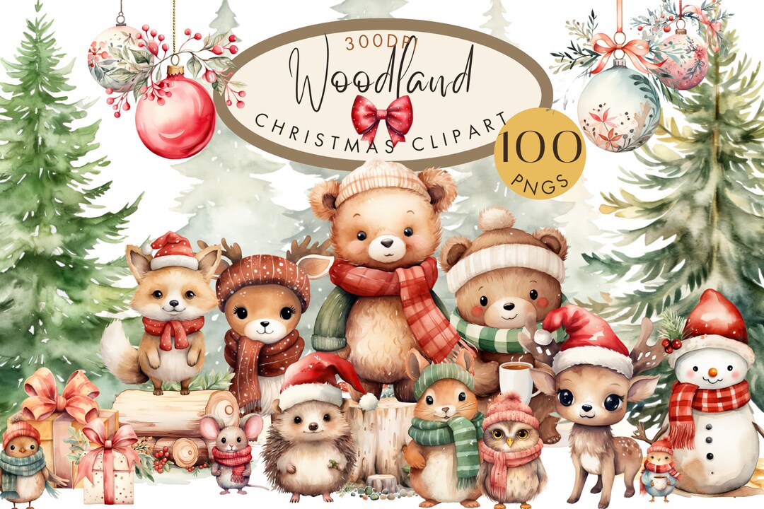 Woodland Christmas Clipart, Cute Winter Animal PNG Bundle, Bear Fox ...