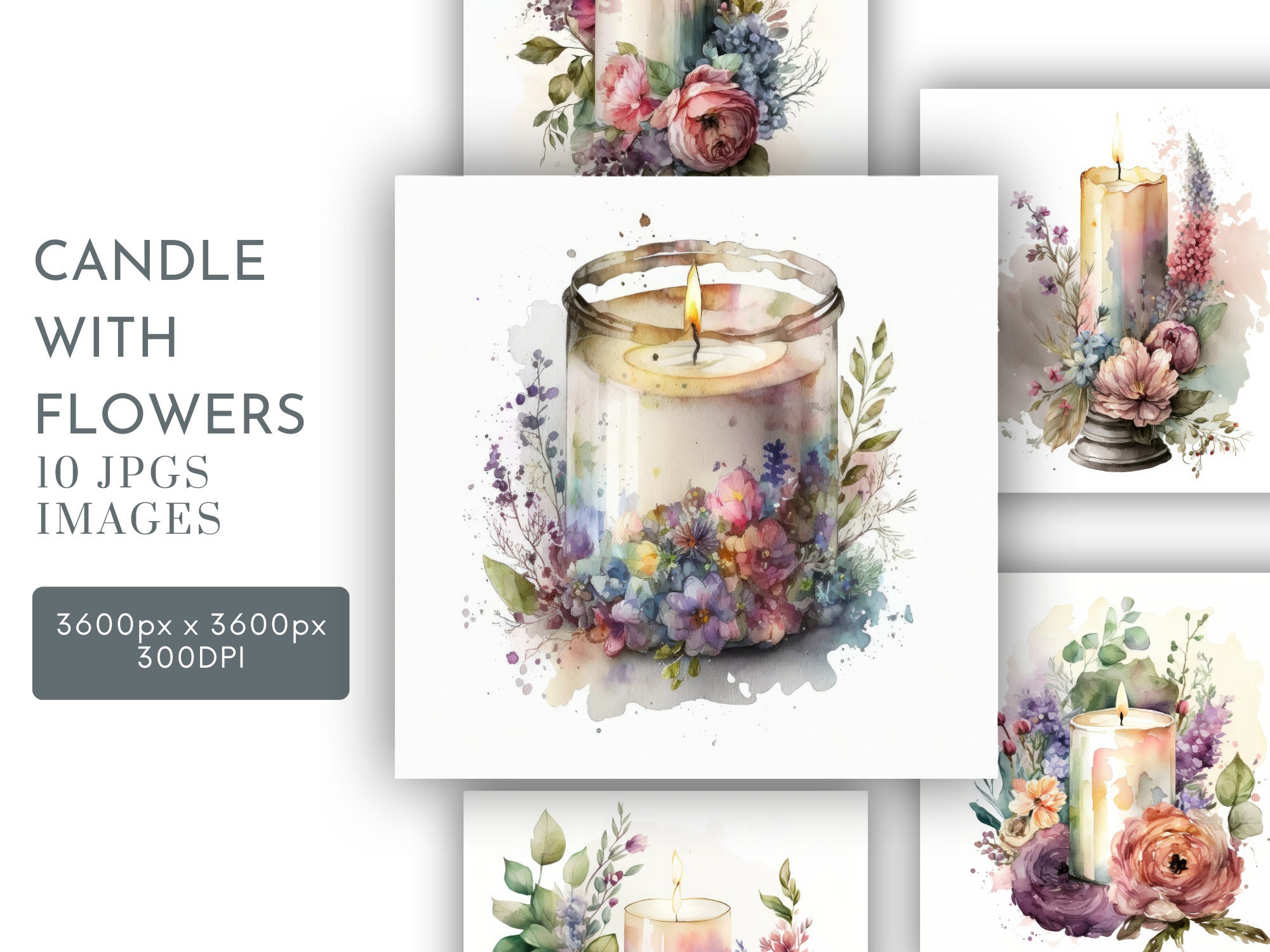 Candle With Flowers Watercolor Clipart JPG Paper Crafting - Etsy