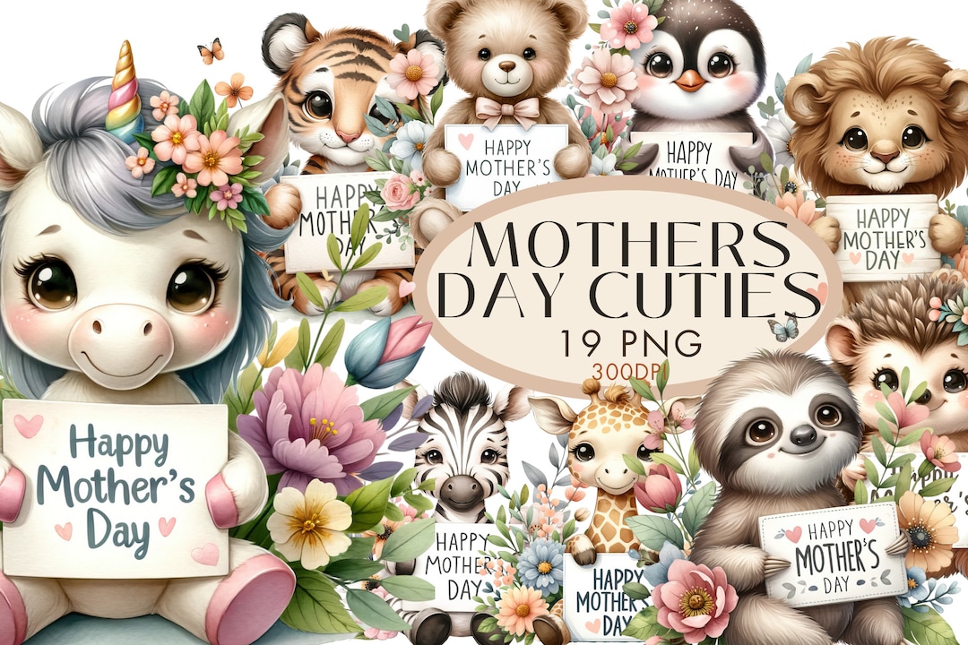 Cute Mothers Day Animals Clipart PNG Bundle, Bunny Mouse Nursery ...