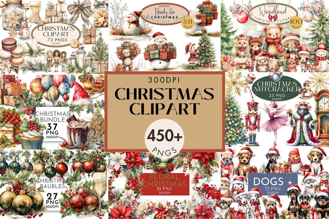 Christmas Clipart Mega Bundle, 450+ Watercolor Pngs, Festive Holiday ...