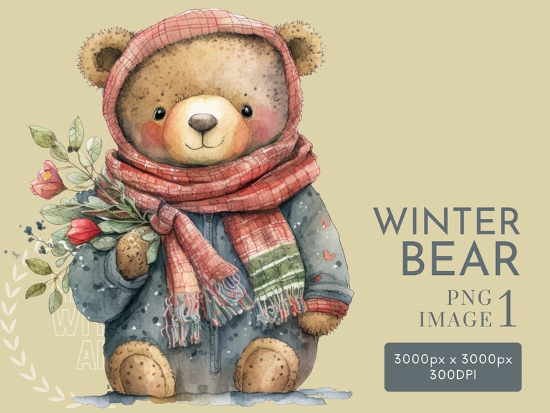 Winter Bear Watercolor Clipart PNG Forest Animals Clipart - Etsy