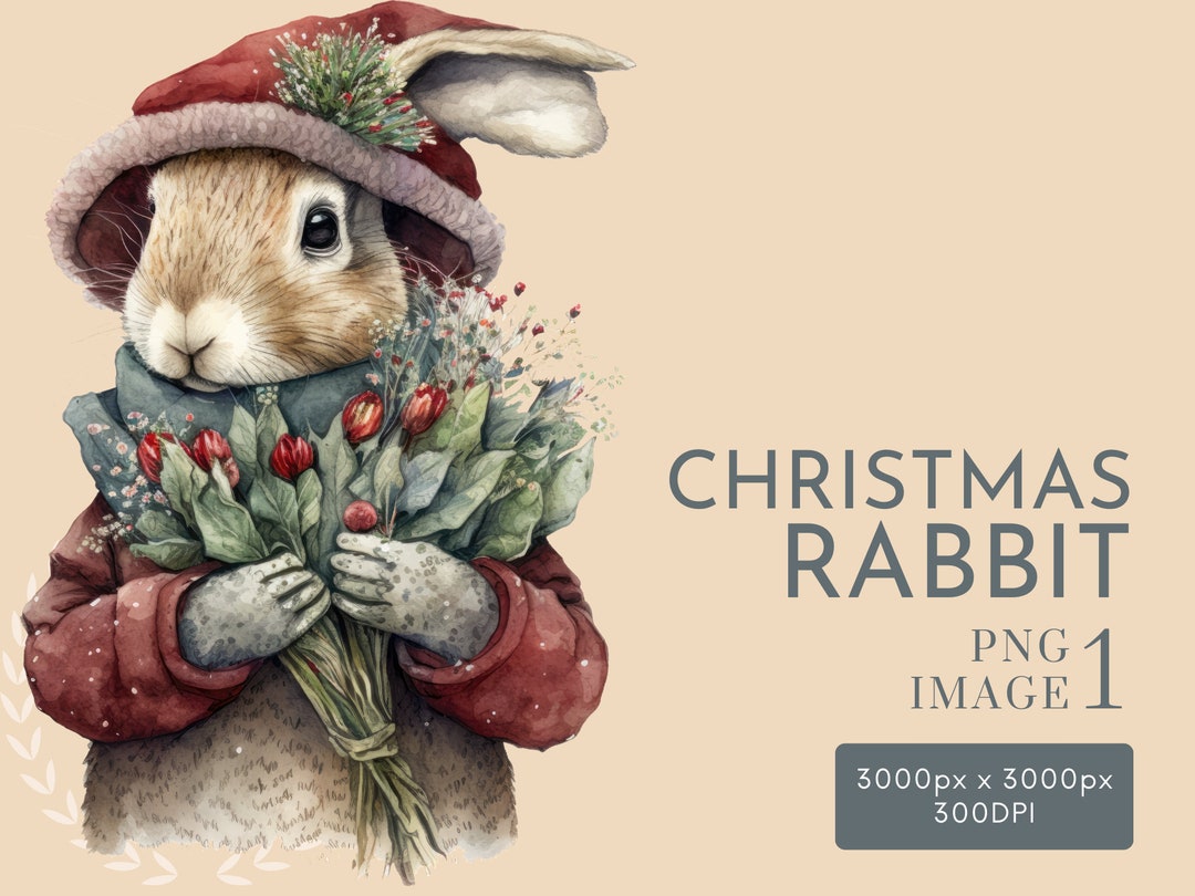 Christmas Rabbit Clipart, Watercolor Winter Bunny PNG, Woodland Animal ...