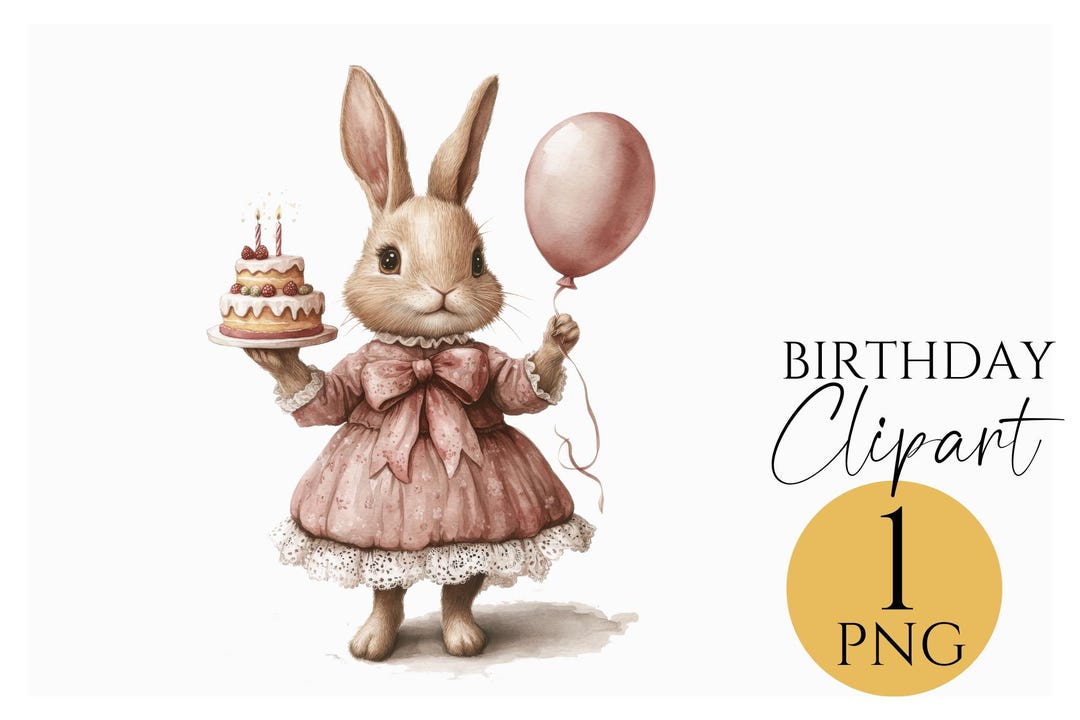 Birthday Bunny Clipart With Pink Balloon, Cute Rabbit Holding Cake ...