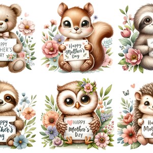 Cute Mothers Day Animals Clipart PNG Bundle, Bunny Mouse Nursery ...
