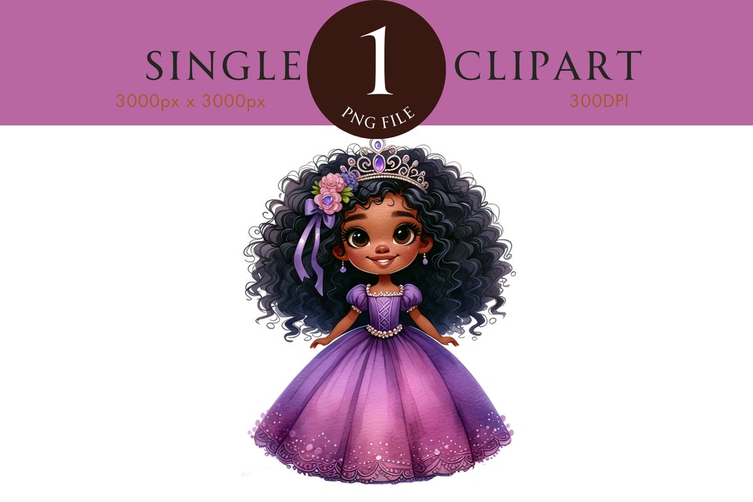 Princess Clipart, Purple Dress, Afro American Princess Cute Nursery PNG ...