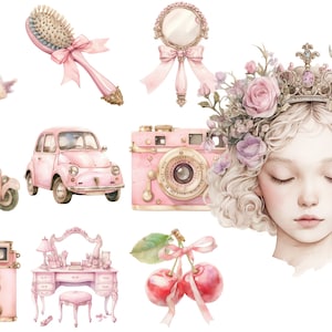 Coquette Watercolor Clipart PNG Bundle , Big Bundle Vintage Pink Girly ...