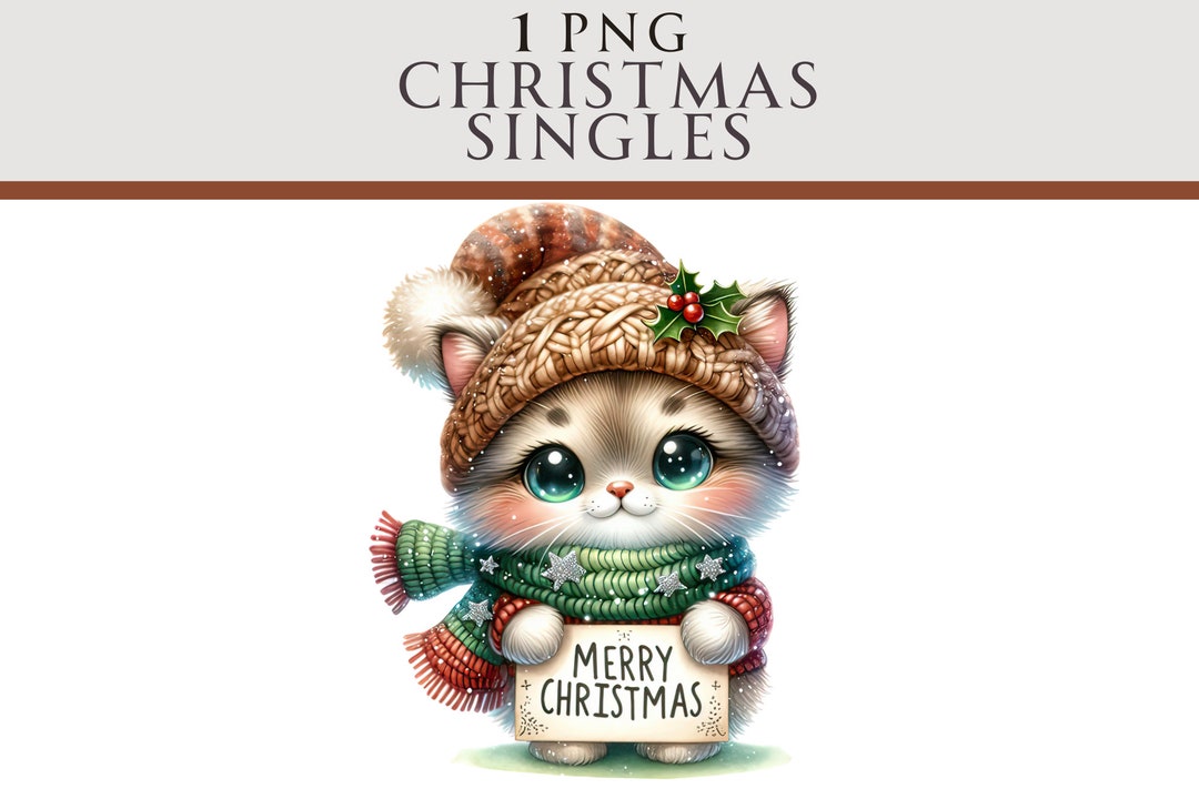 Christmas Cat Clipart, Festive Kitten Clipart, Xmas Illustration for ...