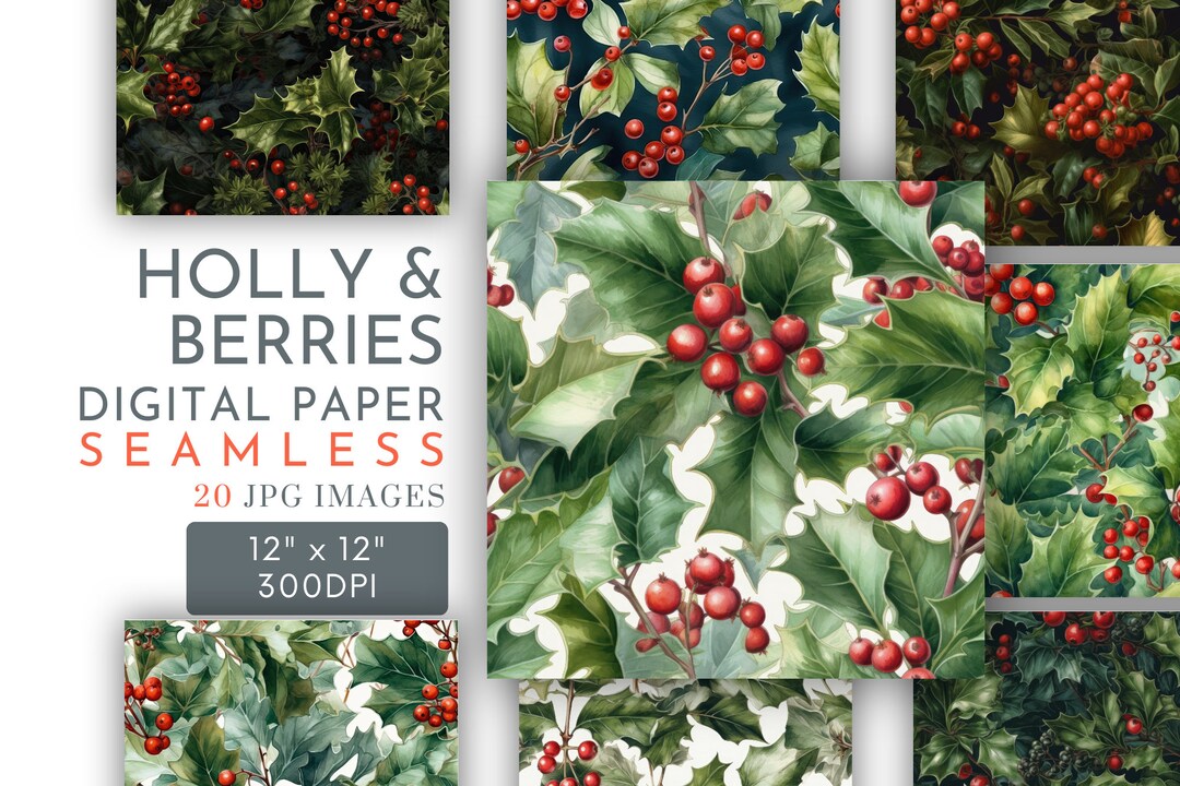 Holly Backgrounds Digital, Christmas Foliage Square Papers, Journal ...