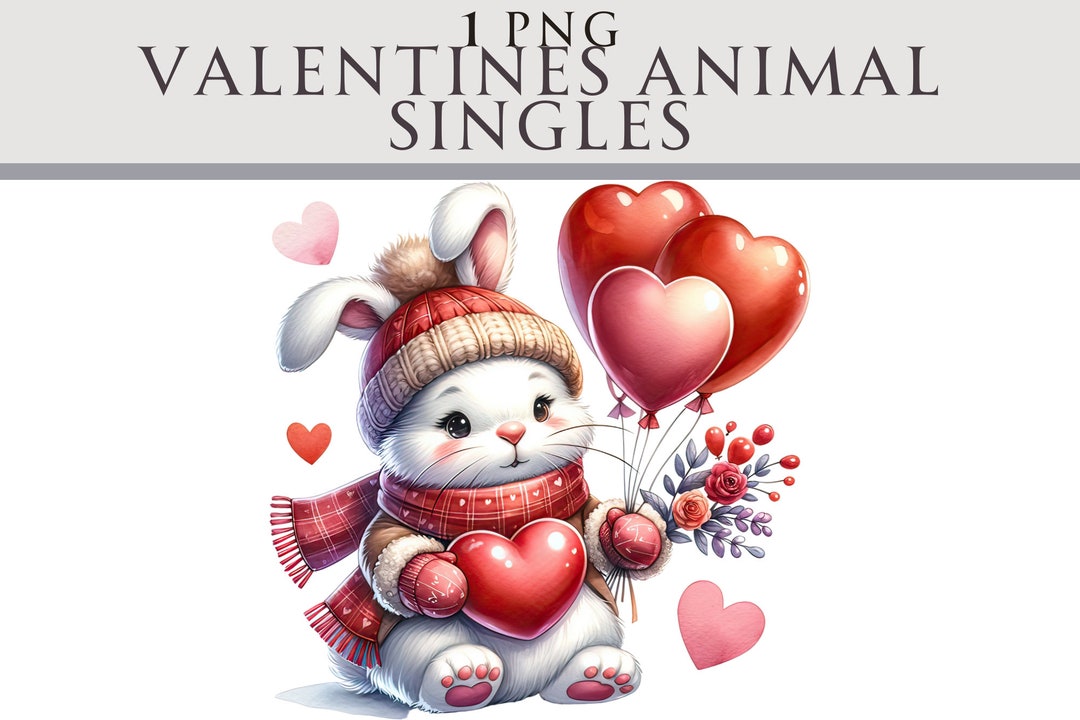 Valentine Bunny Clipart, Balloons Hearts PNG, Winter Illustration ...