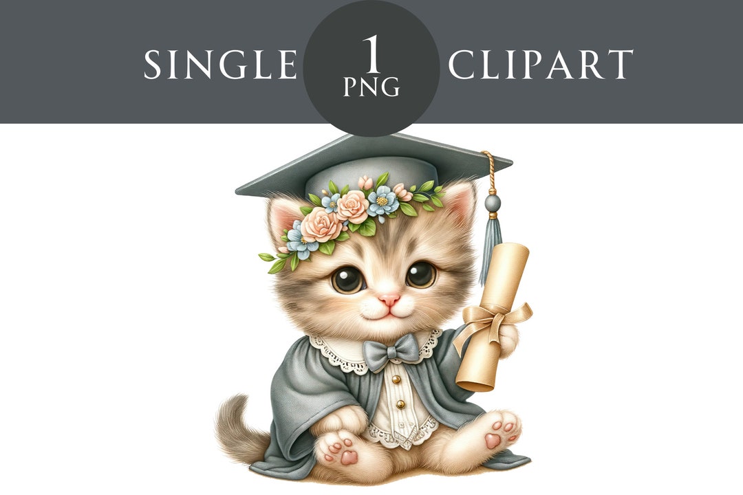 Graduation Cat Clipart, Kindergarten School College Animal Wall Art ...