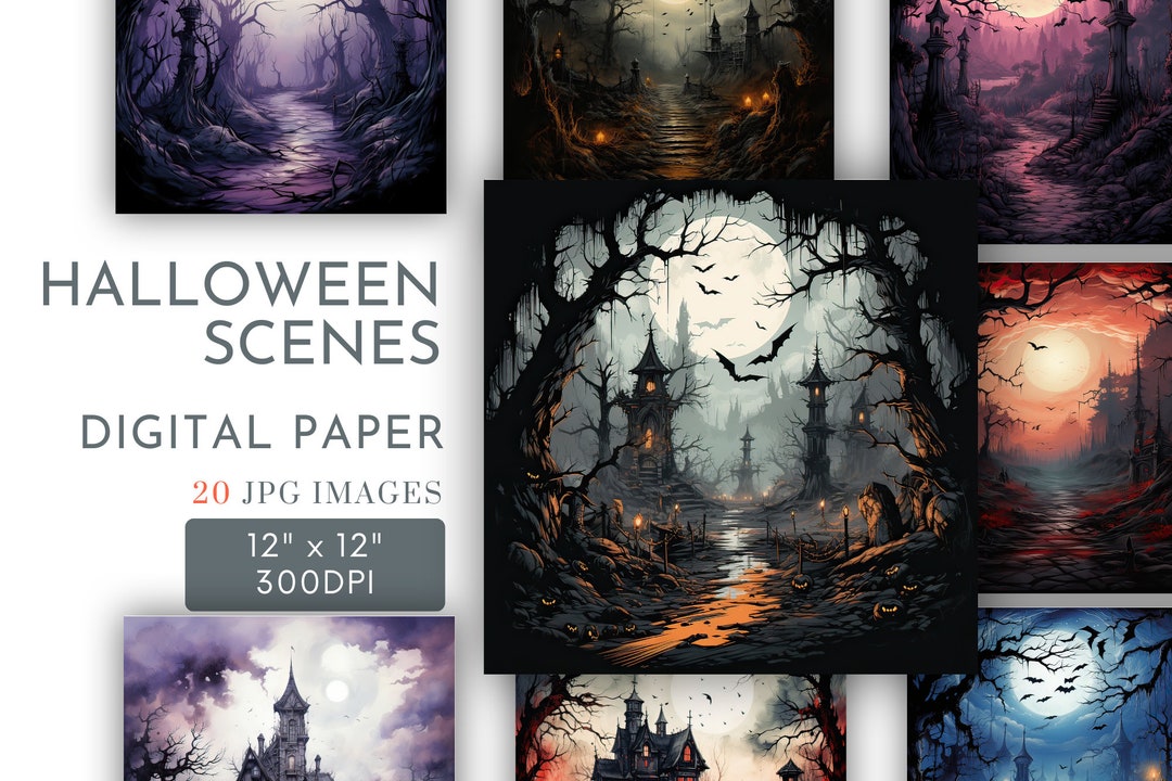 Halloween Scenes Papers Backgrounds Digital, Spooky Square Papers ...