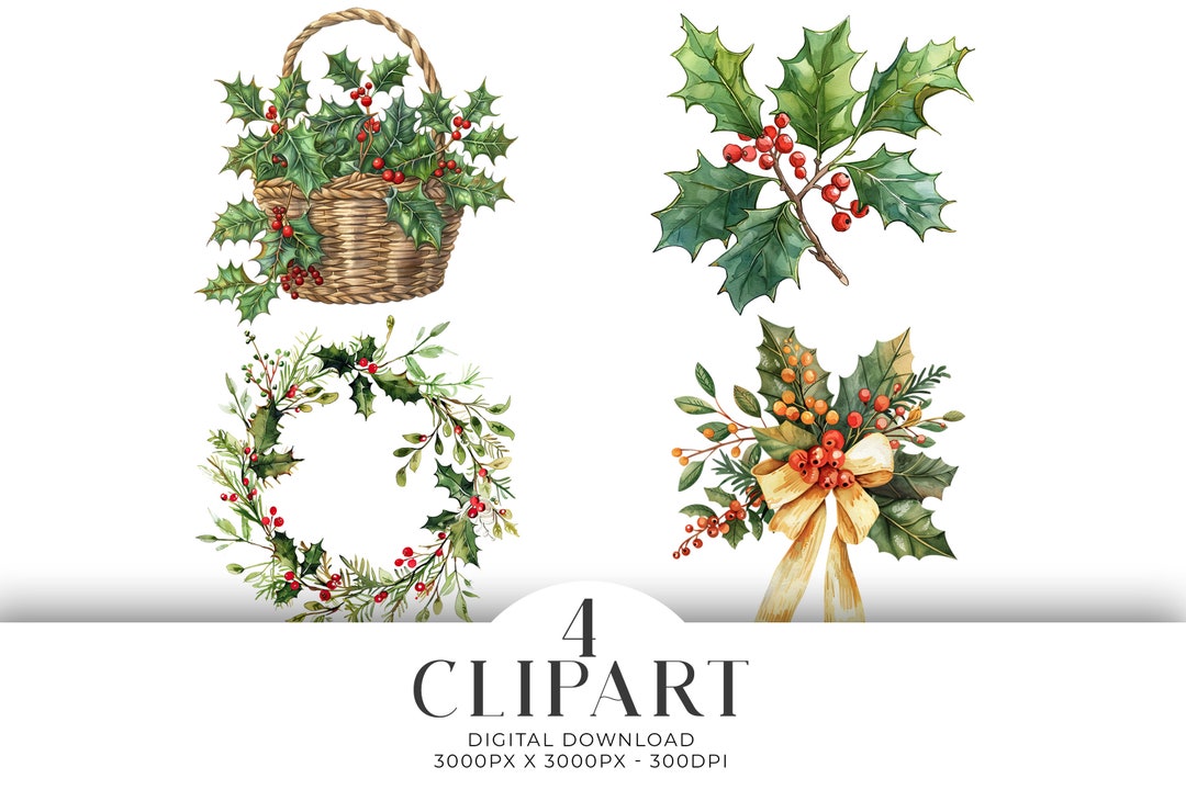 Christmas Holly Watercolor Clipart PNG Set 4 Wreath Bouquet, Card ...