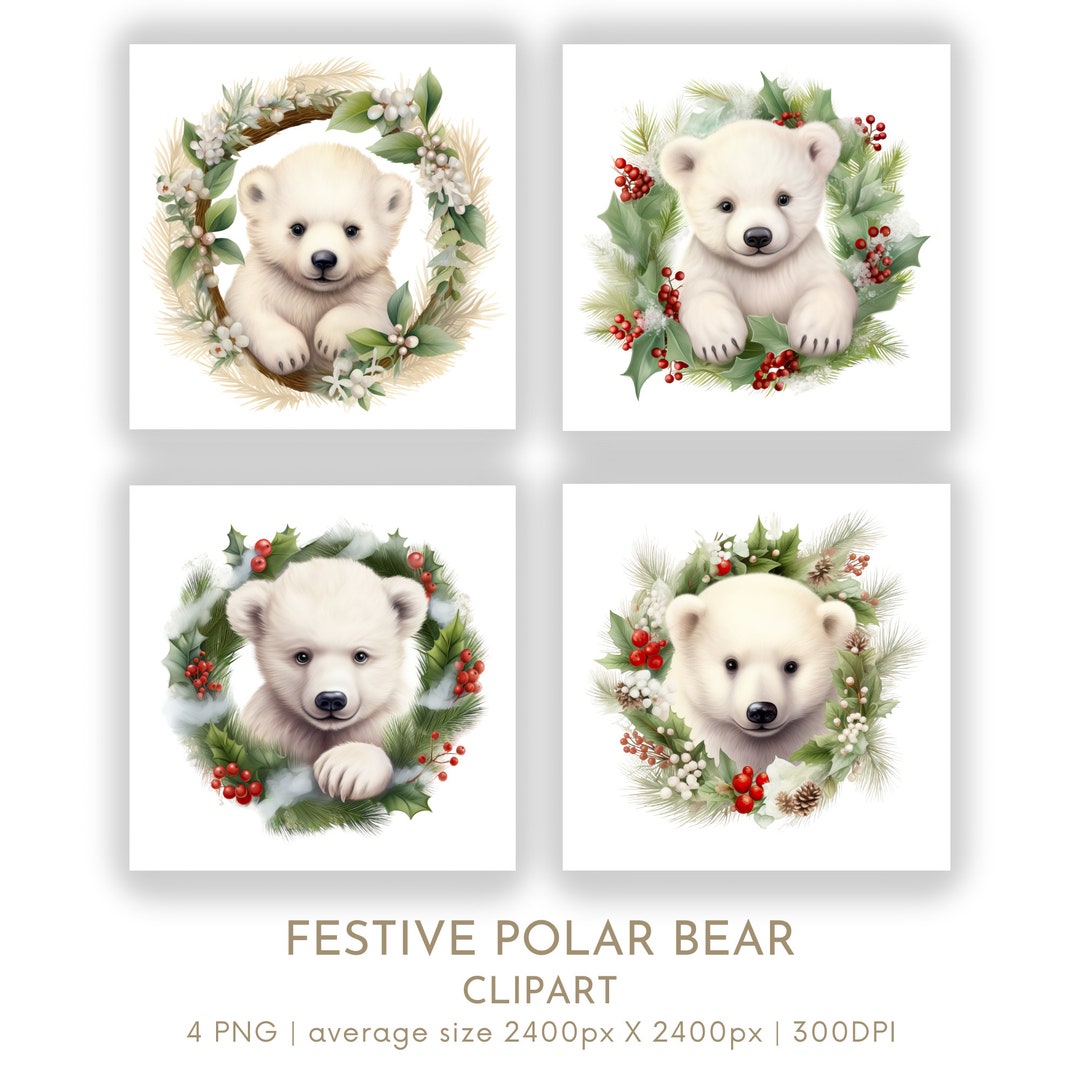 Festive Polar Bear Watercolor Clipart PNG Set 4 , Christmas Xmas ...
