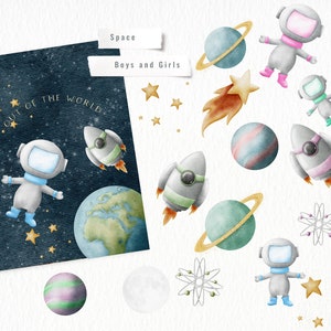 Space Watercolor Illustration, Blue Spaceman Pink Space Girl, Stars ...