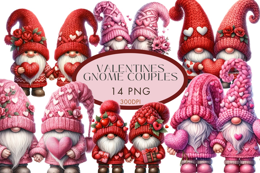 Valentine Gnomes Clipart PNG Bundle, Valentines Gonk Pink Red Hearts ...