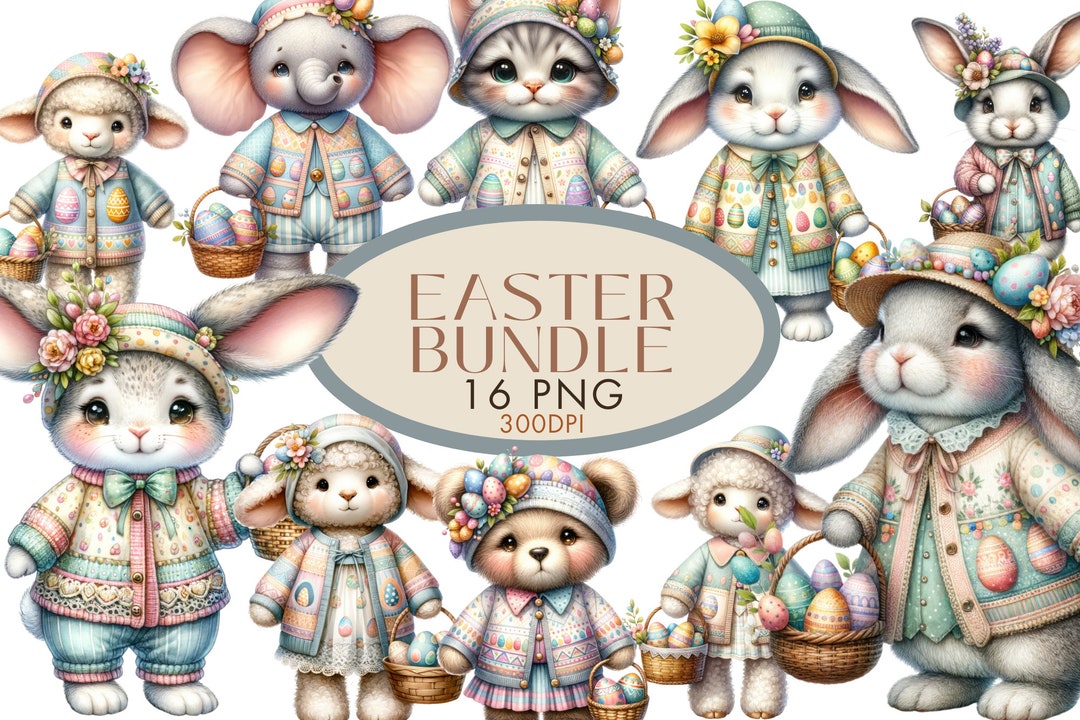 Easter Clipart PNG Bundle, Teddy Bear Puppy Kitten Lion Elephant Lamb ...