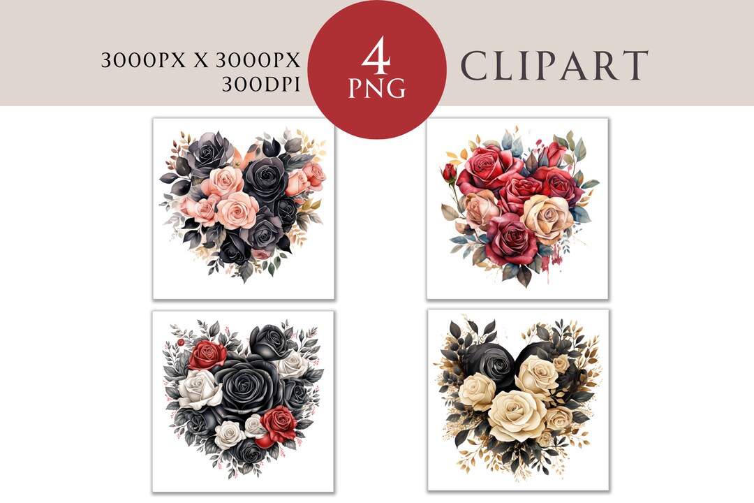 Roses Heart Bouquet Valentine Clipart Watercolor PNG Set 4 Romantic ...