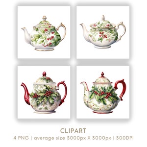 Christmas Teapots Watercolor Clipart PNG Set 4 , Afternoon High Tea ...
