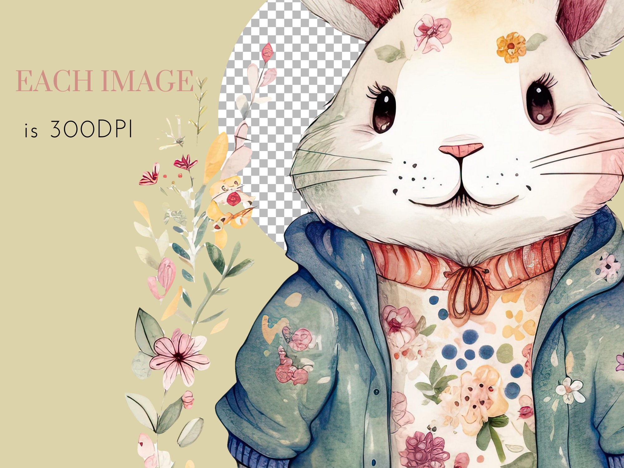 Rabbit With Flowers Clipart PNG Nursery Clipart Summer - Etsy