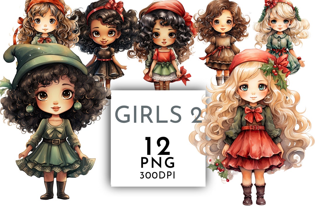 Christmas Girl Clipart Watercolor Clipart PNG Blonde Girls Brown Hair ...