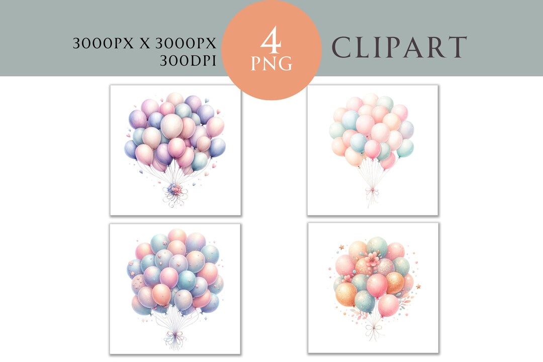 Pastel Bunch Balloons Clipart Watercolor PNG Set 4 Watercolour Balloon ...
