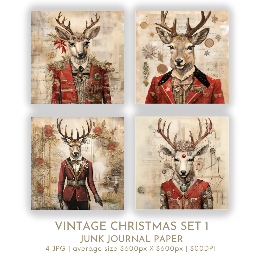 Vintage Stag Digital Paper Set 4 JPG Navidad Festivo Junk Journal ...