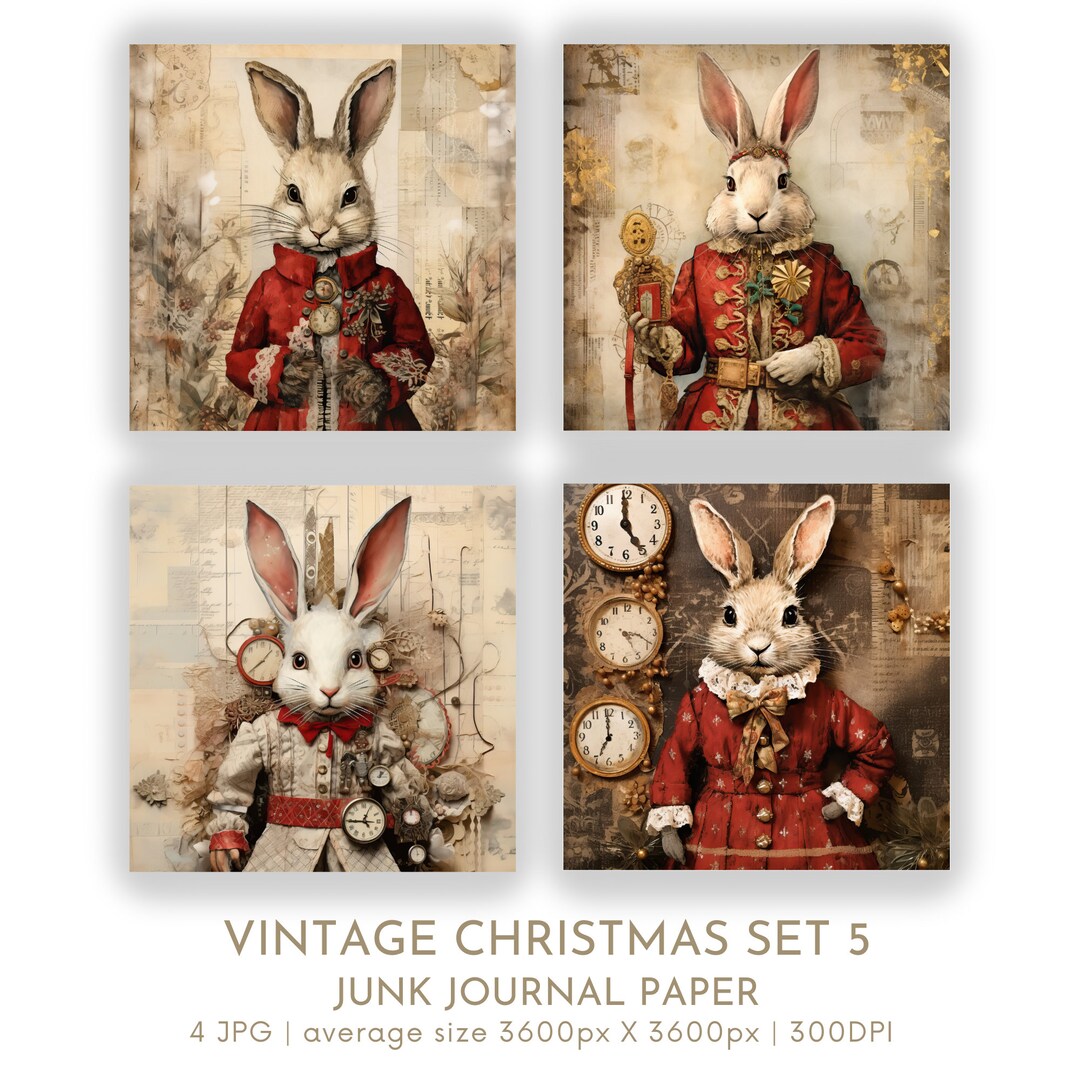 Vintage Rabbit Digital Paper Set 4 JPG Christmas Festive Junk Journal ...