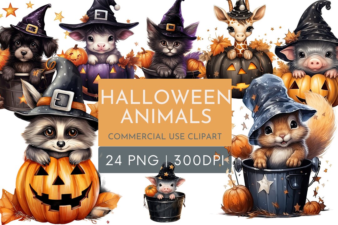 Halloween Watercolor Clipart PNG Bundle , Cute Halloween Animals ...