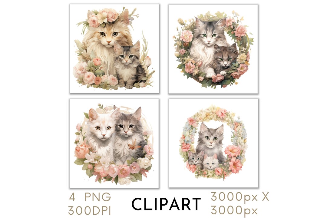 Mother Baby Cat Kitten Clipart Watercolor PNG Set 4 Mum Parent ...