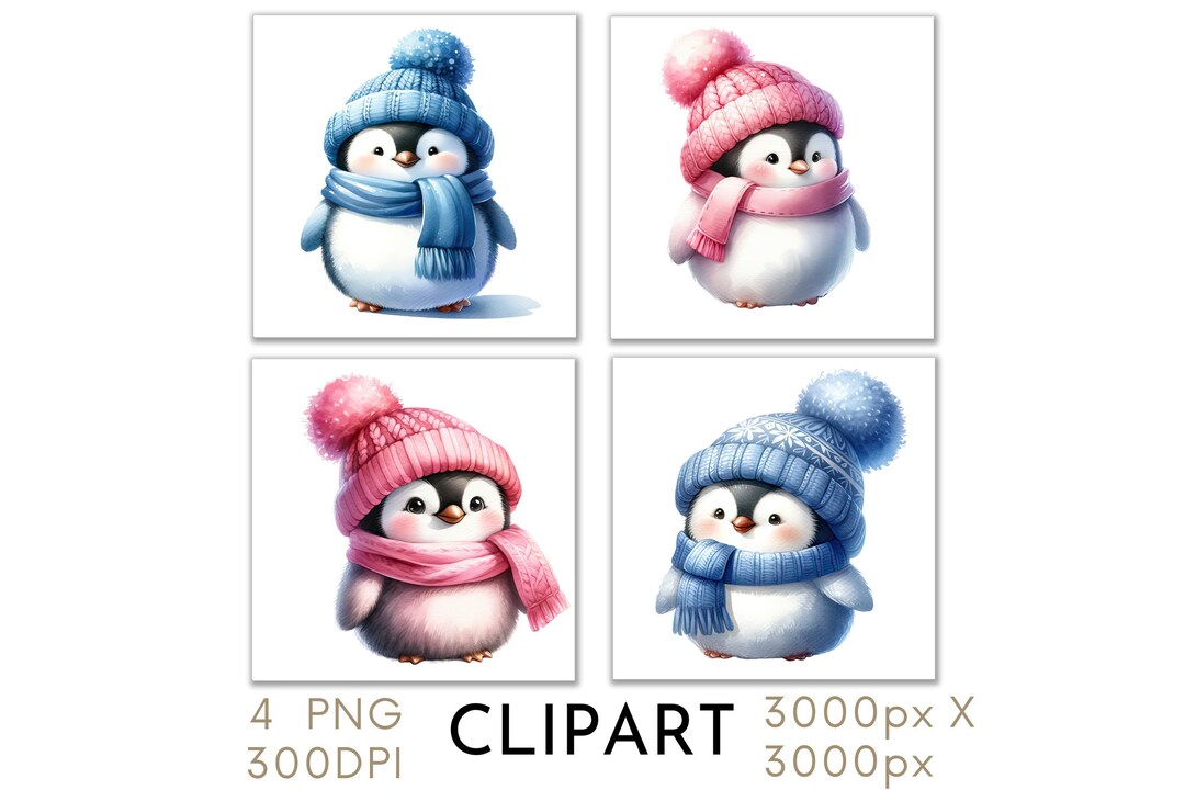 Pink Blue Christmas Penguin Clipart Illustration Watercolor PNG Set 4 ...