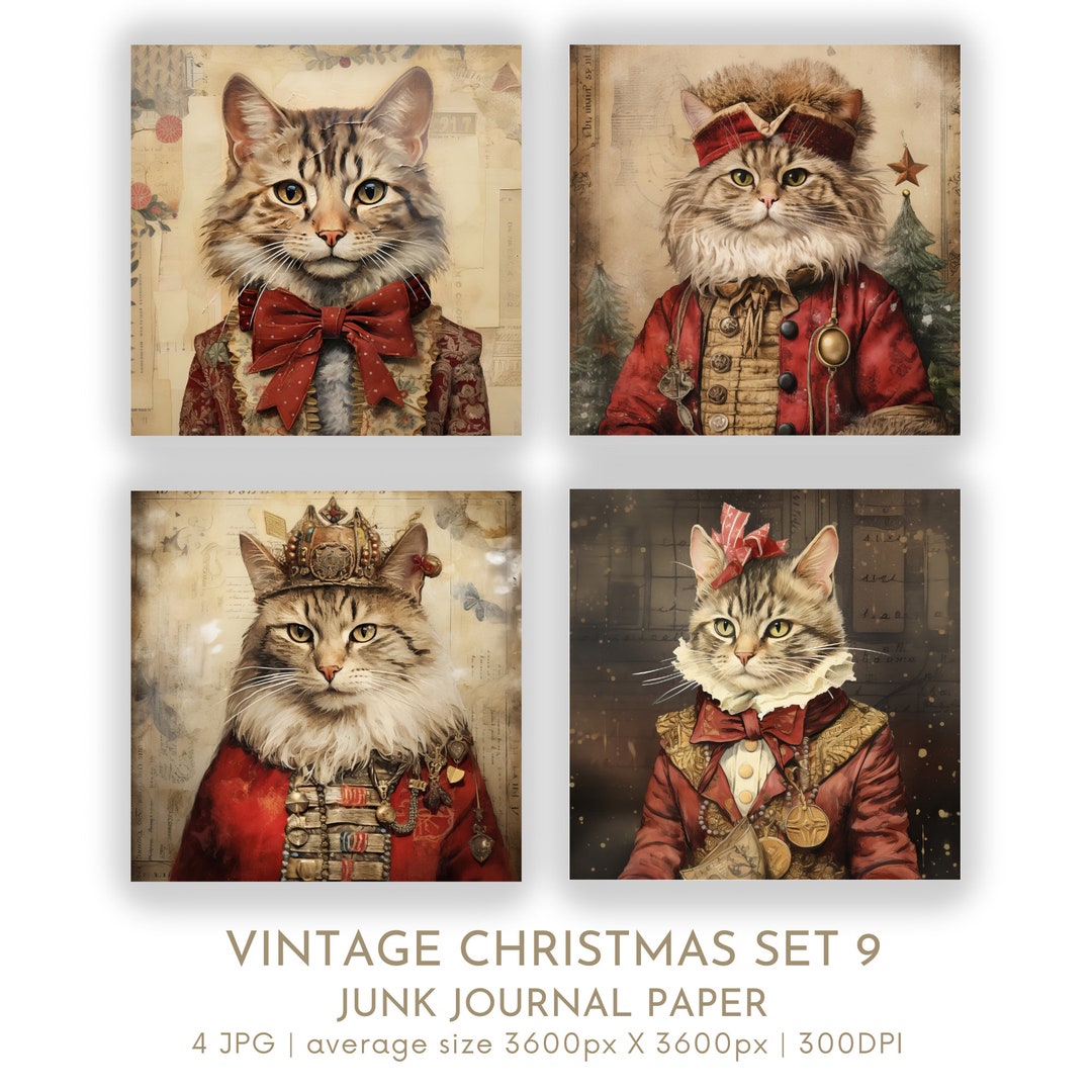 Vintage Cat Digital Paper Set 4 JPG Christmas Festive Junk Journal ...