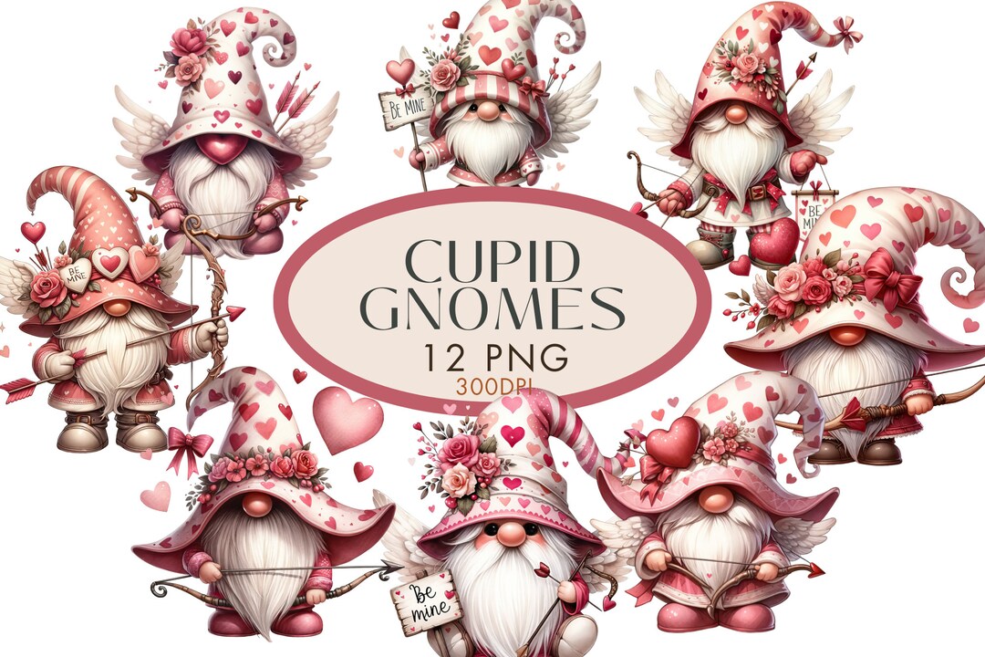 Cupid Valentines Gnome Clipart PNG, Valentines Gonks Watercolor Pink ...