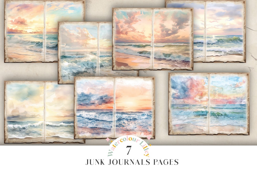 Beach Journal Pages, Sea Junk Journal, Sunset, Seascape Sand Waves ...
