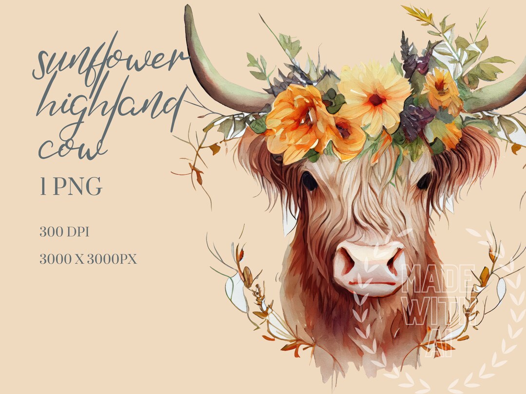 Highland Cow Sunflowers Watercolor Clipart PNG, Animals Clipart ...