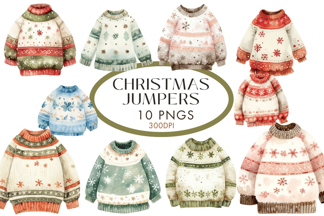 Christmas Jumpers Watercolor Clipart PNG Festive Sweater Pink Red Green ...