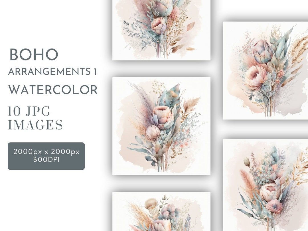 Boho Flower Bouquet Watercolor Clipart JPG, Junk Journaling, Boho ...