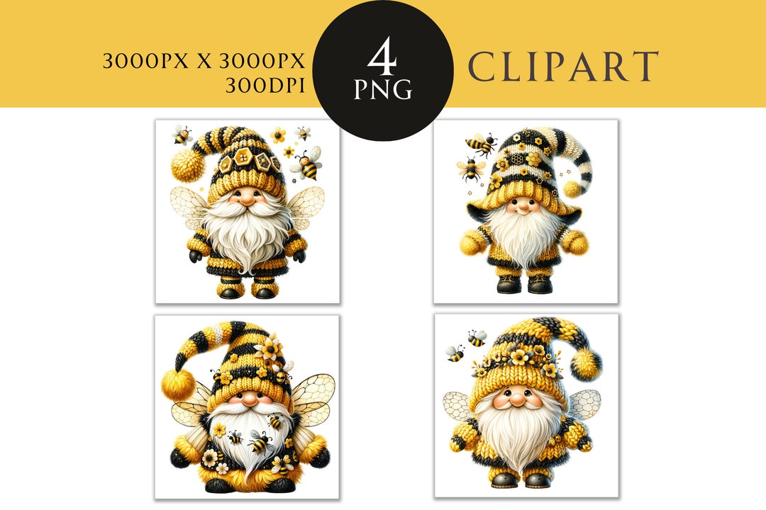 Bee Gnomes Clipart PNG Set 4 Bee Gonks Bumble Bee Black Yellow ...