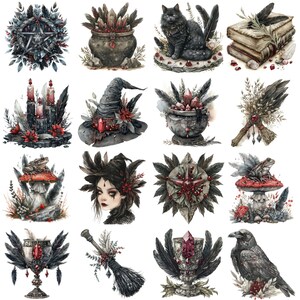 Mystical Ruby Watercolour Clipart PNG Bundle Halloween Pagan Crystal ...