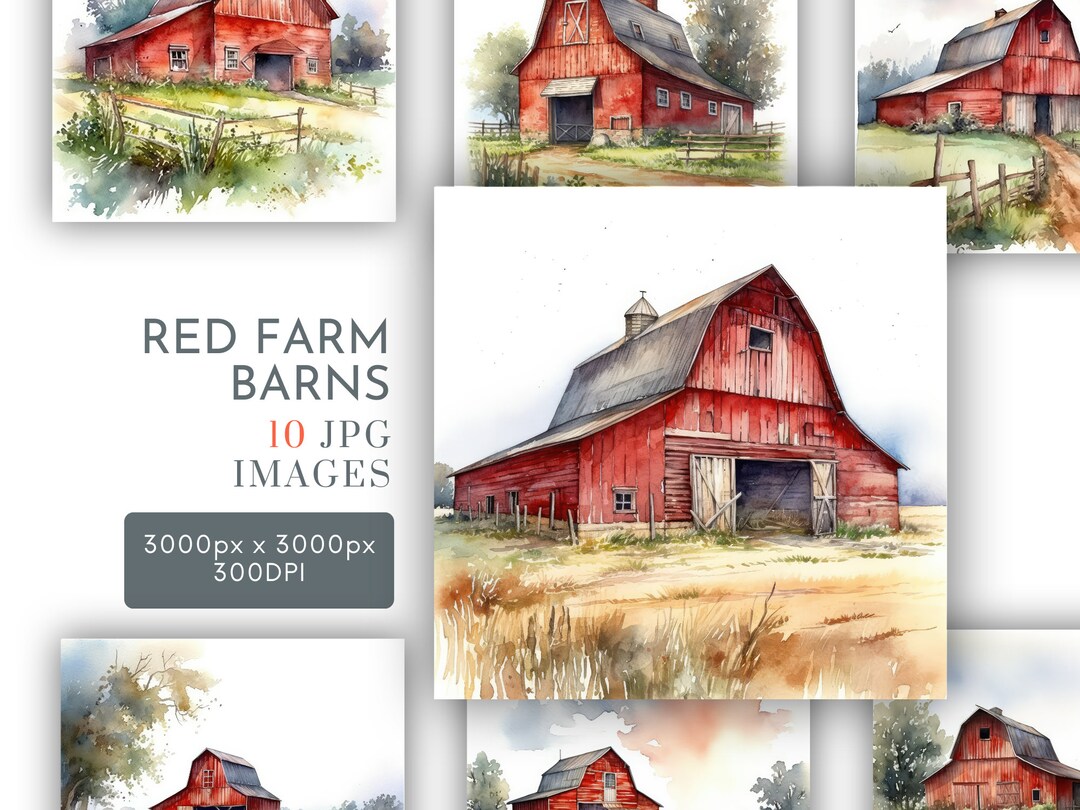 Red Farm Barn Watercolor Clipart JPG, Background Designs Junk ...